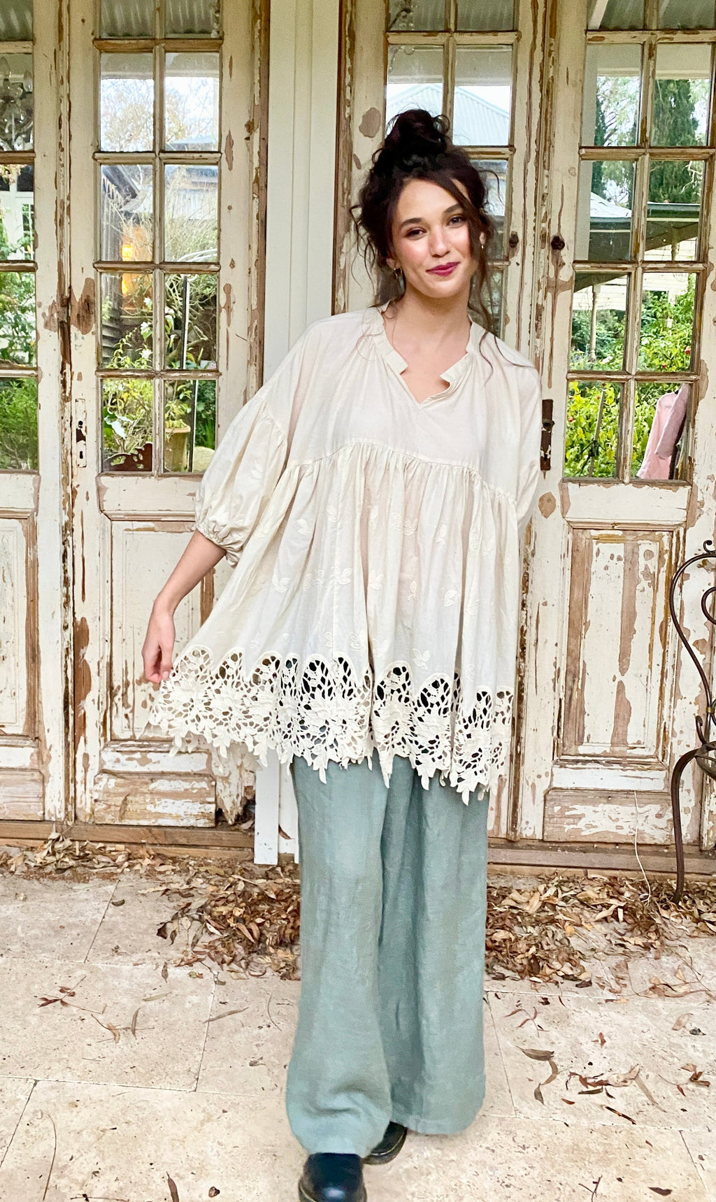 French Smock, Cotton & Lace, Stone – Miss Rose Sister Violet