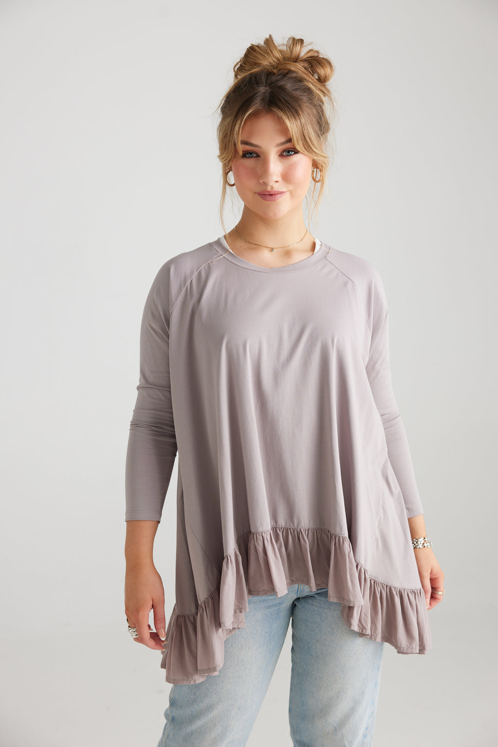 Ruby long sleeved Ruffle top. Dove Grey – Miss Rose Sister Violet