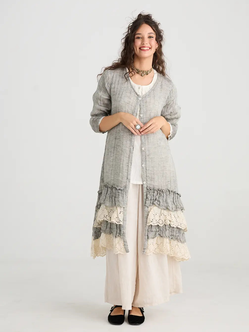 Florette Linen and lace coat. Mist Grey – Miss Rose Sister Violet